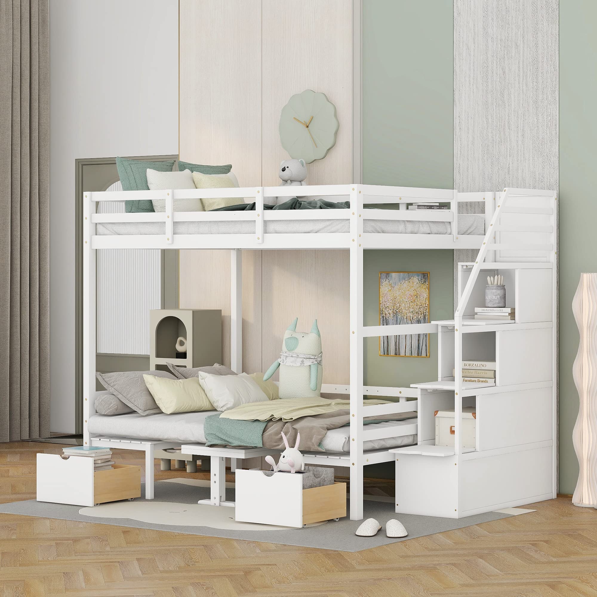 MERITLINE Full Loft Bed with Stairs and Desk, Wooden Full Loft Bed with Desk, Bunk Bed Full with Convertible Seats and Table Set Underneath for Kids Girls Boys Teens,White