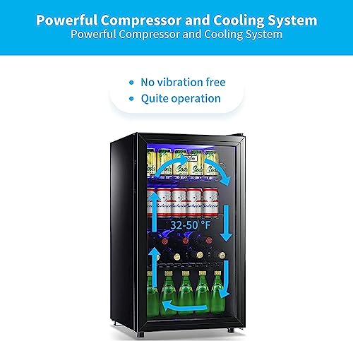 Beverage Refrigerator and Cooler - 120 Can Mini Fridge with Glass Door for Soda Beer or Wine - Small Drink Dispenser Machine for Office or Bar with Adjustable Removable Shelves