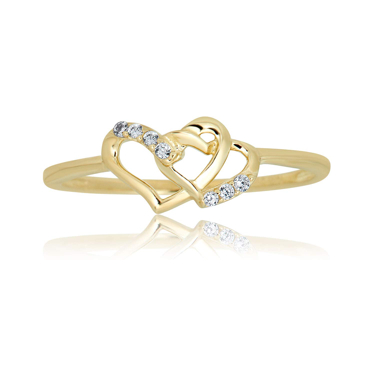 AVORA 10K Yellow Gold Double Heart Ring with Simulated Diamond CZ, Size 8 - Size 8