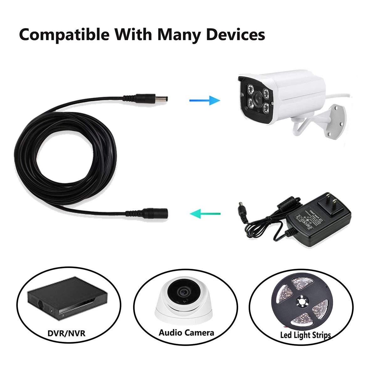 Power Extension Cord, 8 Pack DC 12v 10ft 2.1mm x 5.5mm Power Adapter Supply Camera Extension Cable for CCTV Wireless IP Security Camera, LED Strip, Car, Monitors,DVR, Audio Camera,Router (8 Pack)