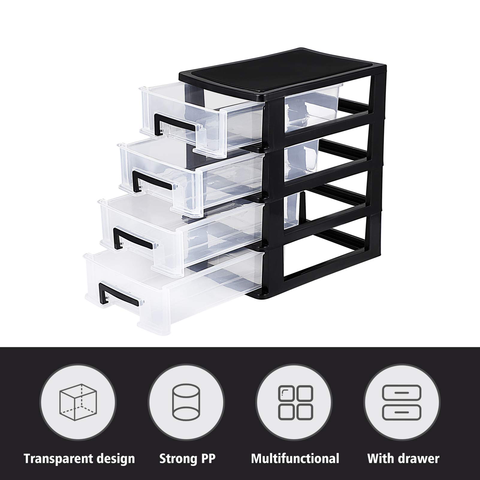 4 Drawer Desktop Storage Organizer,Plastic Containers Storage Organizer Dresser Organizer Home Dresser (Black and Transparent)