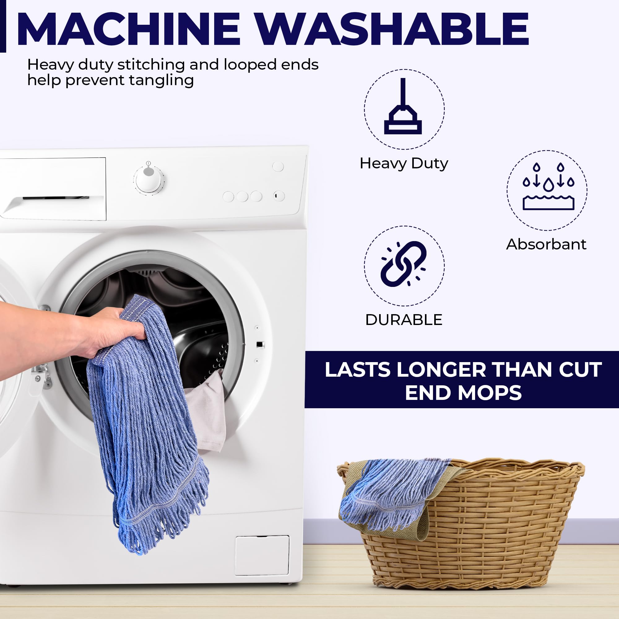 Innovative Haus 3 Pack Heavy Duty Blue Commercial Mop Head Replacement - Synthetic Cotton Blend Looped End String Mop Refill - Industrial Grade Cleaning Use Wet Mop Heads - Durable Universal Headband