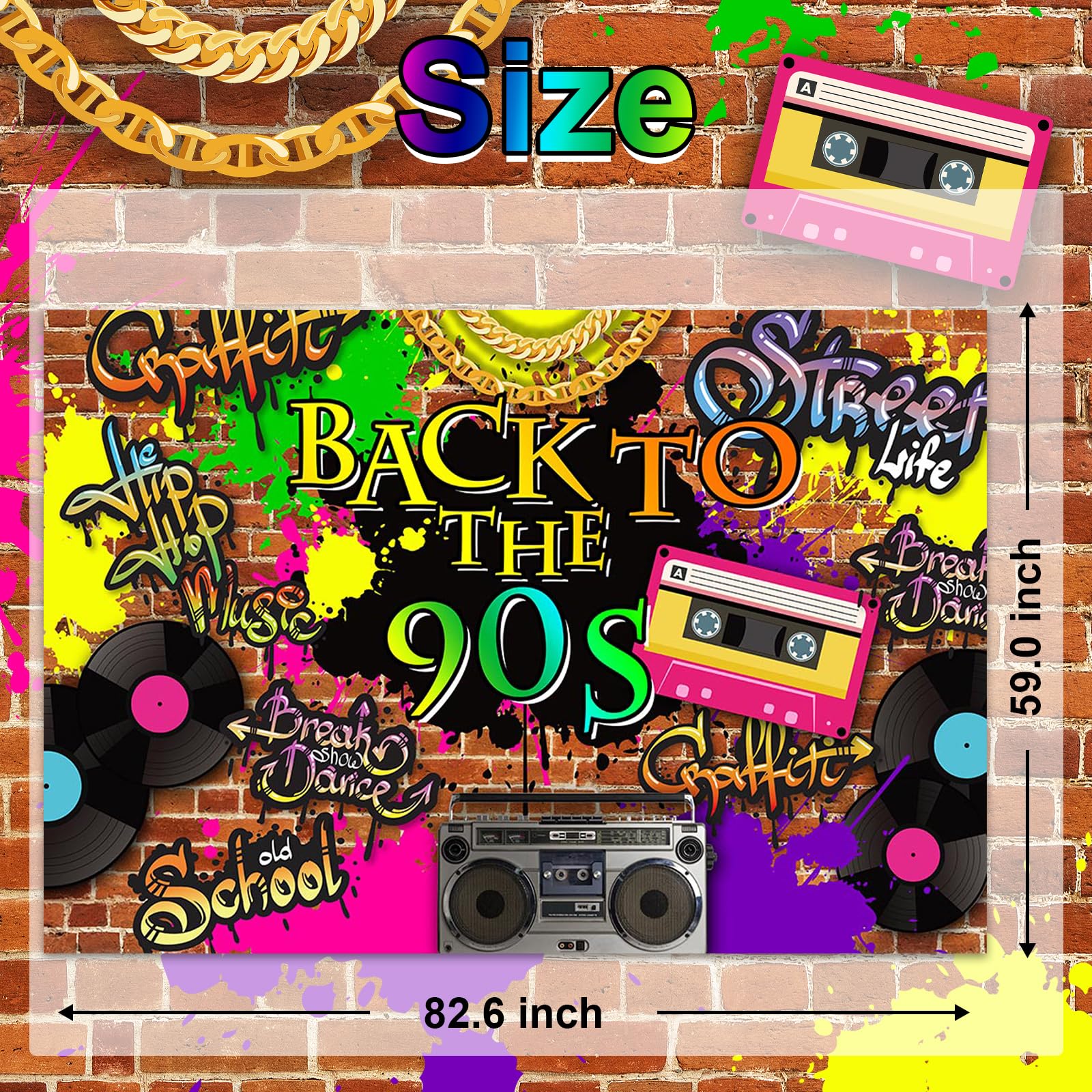 Mocsicka 90’S Backdrop Hip Hop Graffiti Brick Wall Retro Radio Fashion Photography Background Back to The 90’S Themed Party Banner Decoration Backdrops (7x5ft)