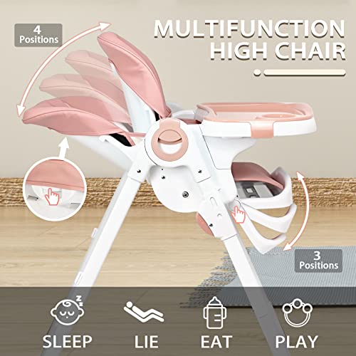 Babilous 4 in 1 Baby High Chair Foldable Booster Seats, Portable and Compact Adjustable High Babychair for Babies and Toddlers - Multiple Heights and Positions(Pink)