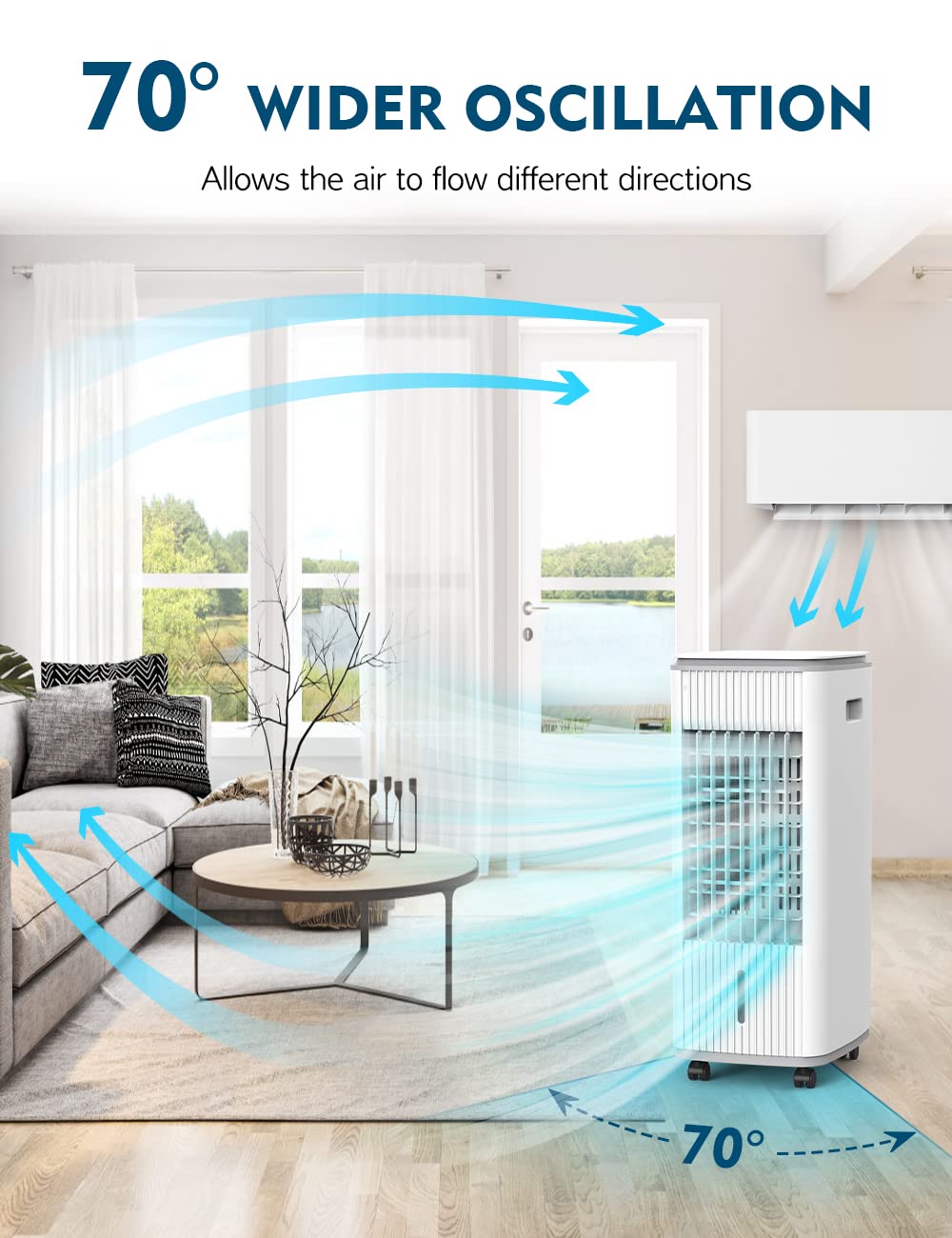 3-IN-1 Evaporative Air Cooler, Portable Air Conditioner w/Cooling/Humidify, Cooling Tower Fan with Remote, 70° Oscillation & 7H Timer Swamp Cooler, Windowless Evaporative Cooler for Room, Ice Packs*4