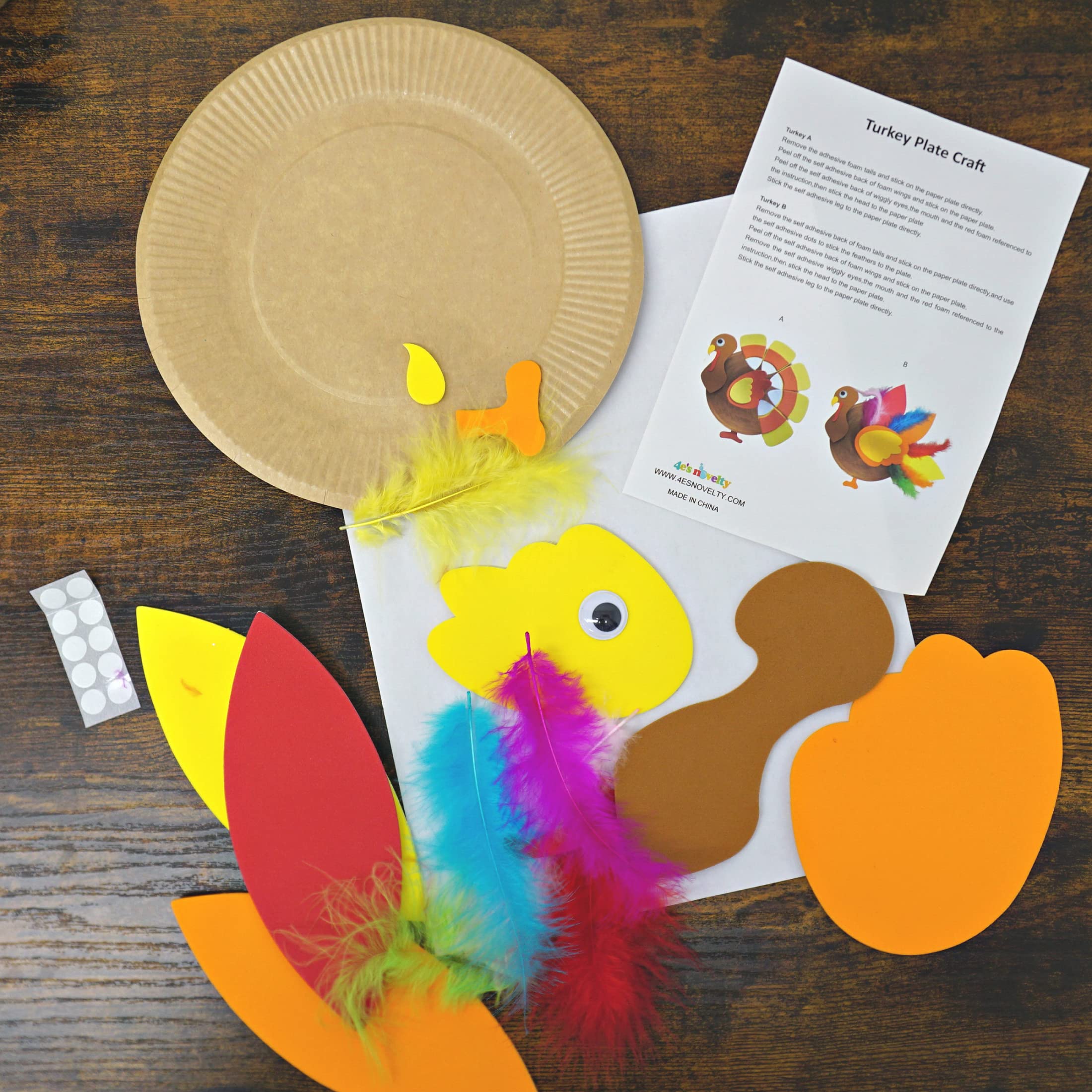 4E's Novelty Turkey Plate Craft for Kids (12 Pack) 2 Styles, Self Adhesive, Fall Thanksgiving Crafts for Kids & Toddlers Ages 4-8, 3-12 Fun Thanksgiving Activity & Dinner Game