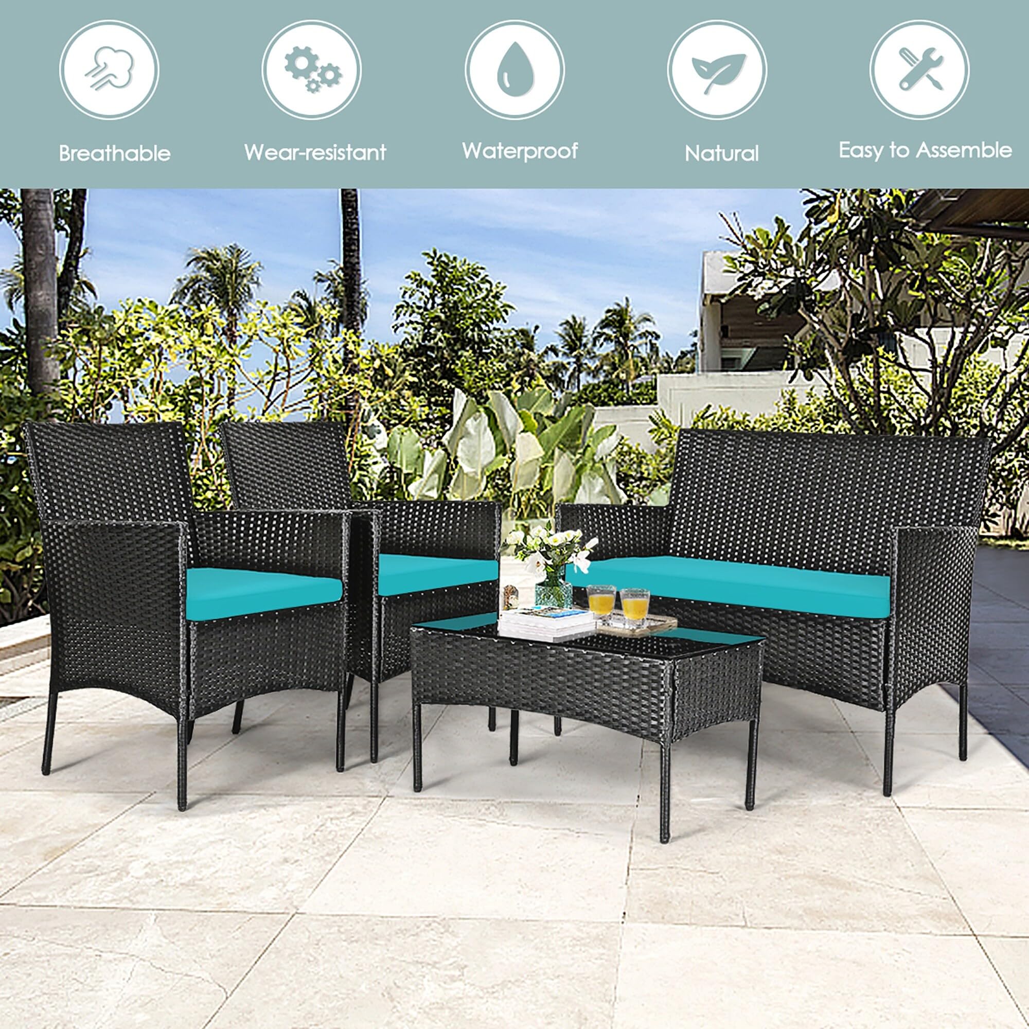 4 PCS Patio Furniture Set Rattan Sofa & Chairs Set Turquoise