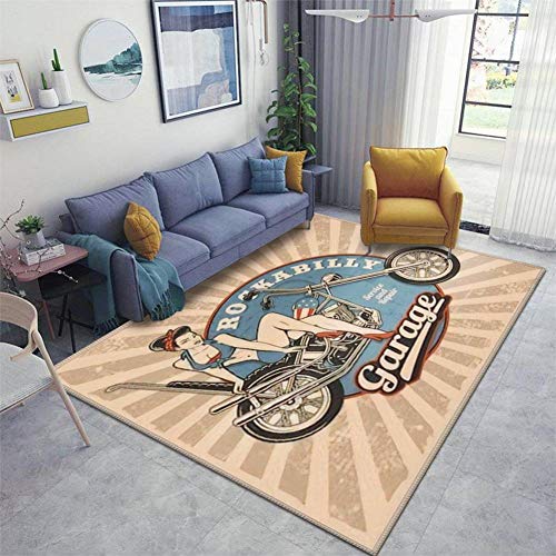 Pin up Girl on Motorcycle, Monochrome Vintage Illustration on White Area Rugs Floor Mat Non Slip Throw Rugs Soft Door Mat Nursery Carpet for Living Room Home Indoor Outdoor Runner Rugs Yoga Mat