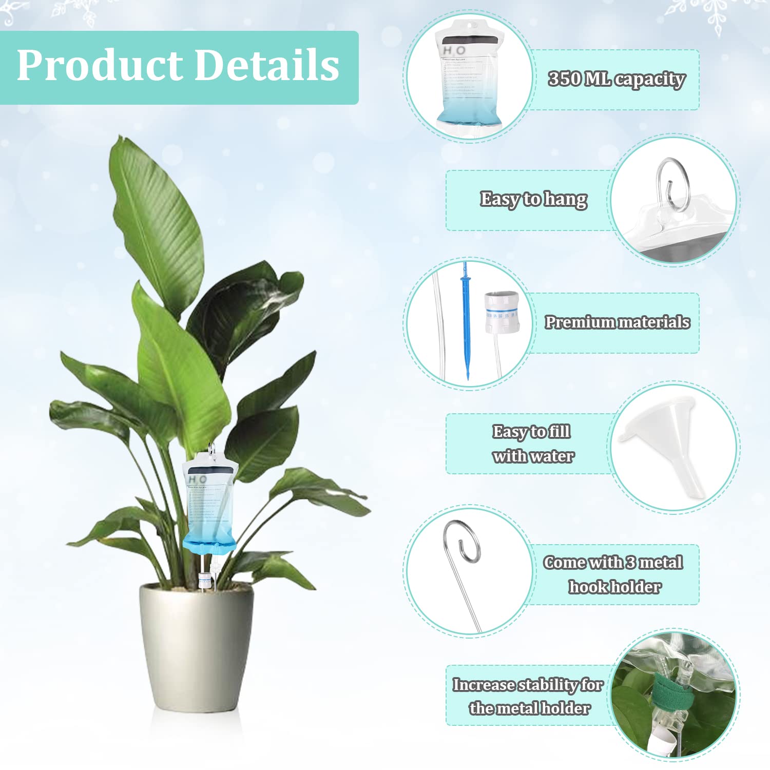4 Pcs Plant Drip Irrigation Bag, 350ML Plant Self Automatic Flower Watering Devices Irrigation Drippers with Metal Support Rod Self Watering Small Funnel for Indoor Outdoor Automatic Watering System