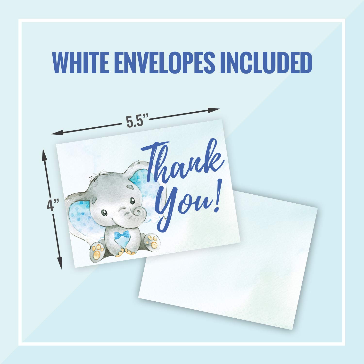 50 Blue Watercolor Boy Elephant Cute Baby Shower Thank You Cards, Double Sided Blank Inside with Envelopes- Made in the USA