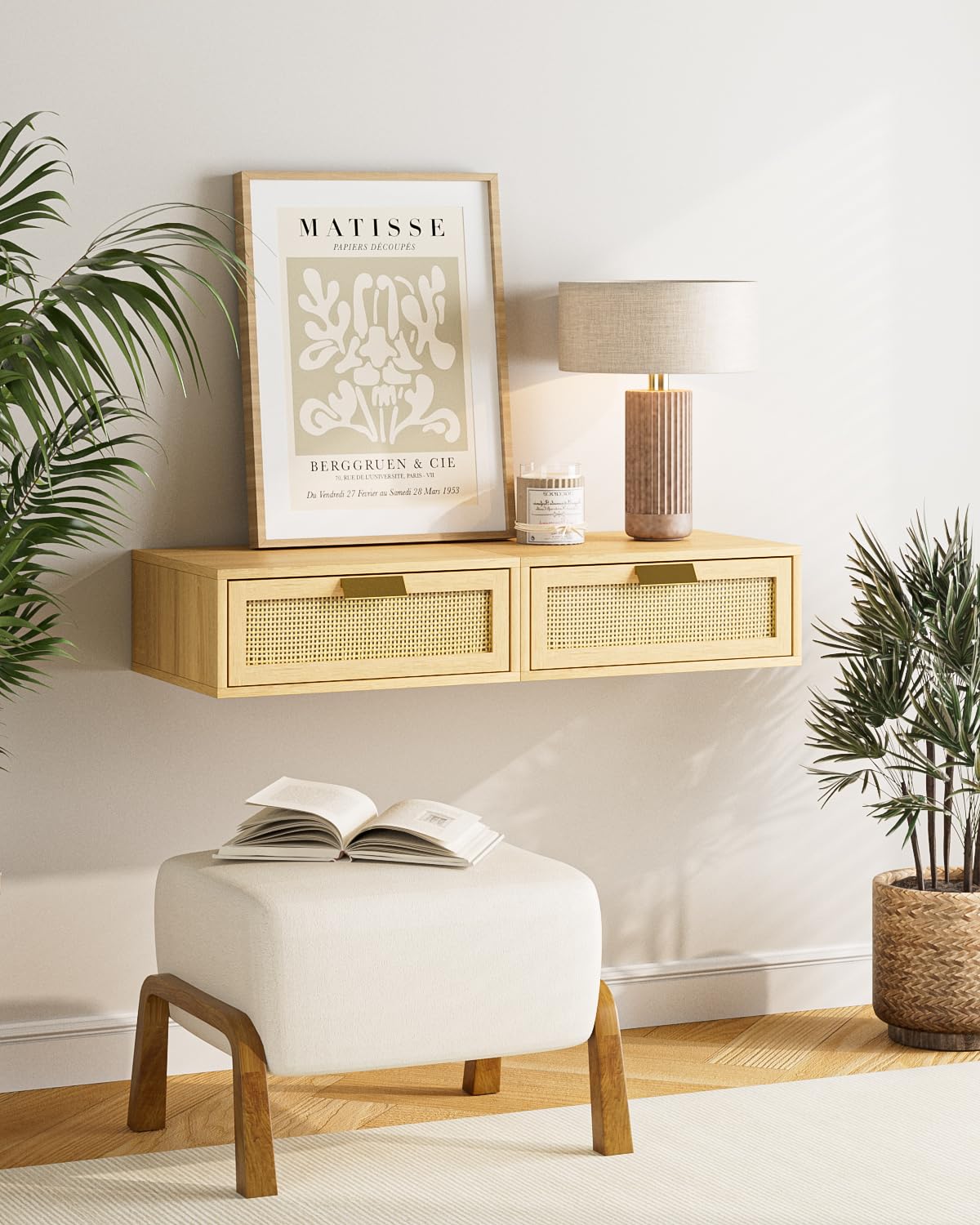 Aobafuir Floating Nightstand Shelf with Drawer, Small Modern Wall Mounted Nightstand, Shelves for Bedroom, Oak Rattan