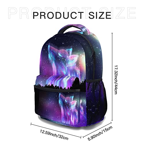 aportt Galaxy Wolf Backpack for Boys Girls Space Stars Wolf Purple Blue Durable Casual Basic Kids Bookbag Cool Lightweight School Bag for Teens Students Travel Hiking Camping Daypack