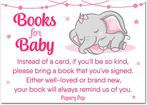 50 Books for Baby Shower Request Cards for Girl (50 Pack) - Elephant - Bring a Book Instead of a Card - Baby Shower Invitations Inserts Supplies
