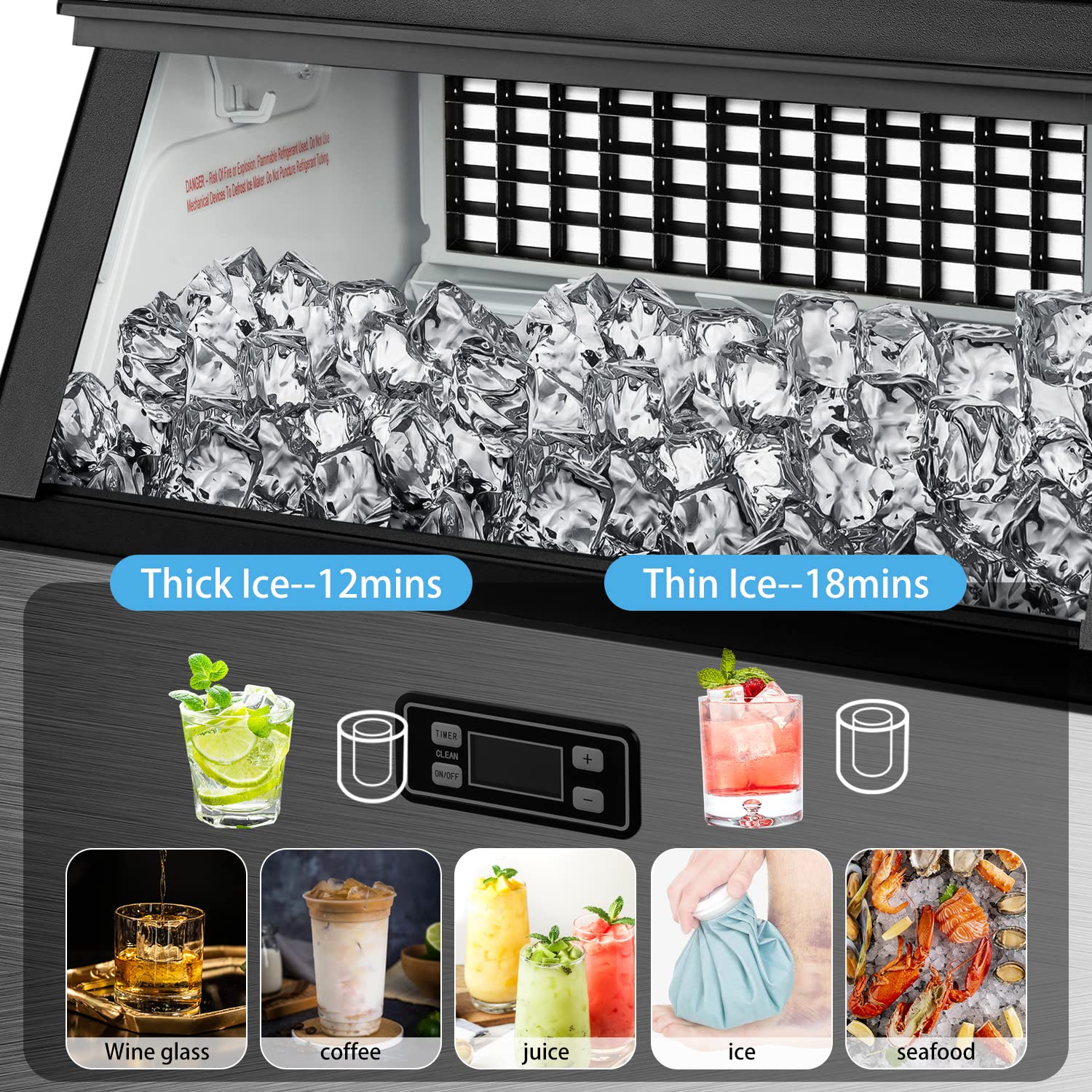 ZAFRO Commercial Ice Maker, 100lbs/24H Ice Machine with 33lbs Ice Bin, Self-Cleaning Under Counter Stainless Steel Freestanding Ice Maker for Restaurant/Bar/Cafe/Office Silver, Includes Scoop