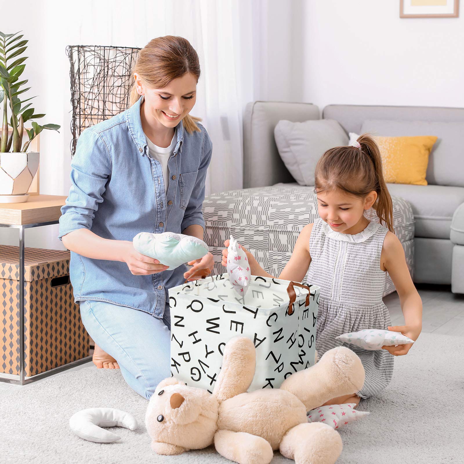 4 Pieces Square Alphabet Canvas Storage Bins Waterproof Toys Canvas Organizer 13 x 13 Inch Kids Laundry Box Foldable Cube Containers with Handles for Nursery Home Closet Bedroom Drawers