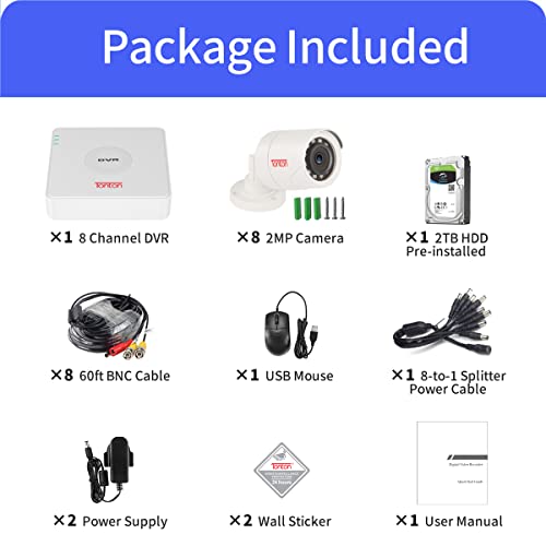 Tonton 5MP Lite 10 Channel Security Camera System,10CH H.265+ Hybrid DVR with 2TB HDD and 8PCS 2.0MP Weatherproof CCTV Bullet Cameras,Easy Remote Viewing,Motion Detection