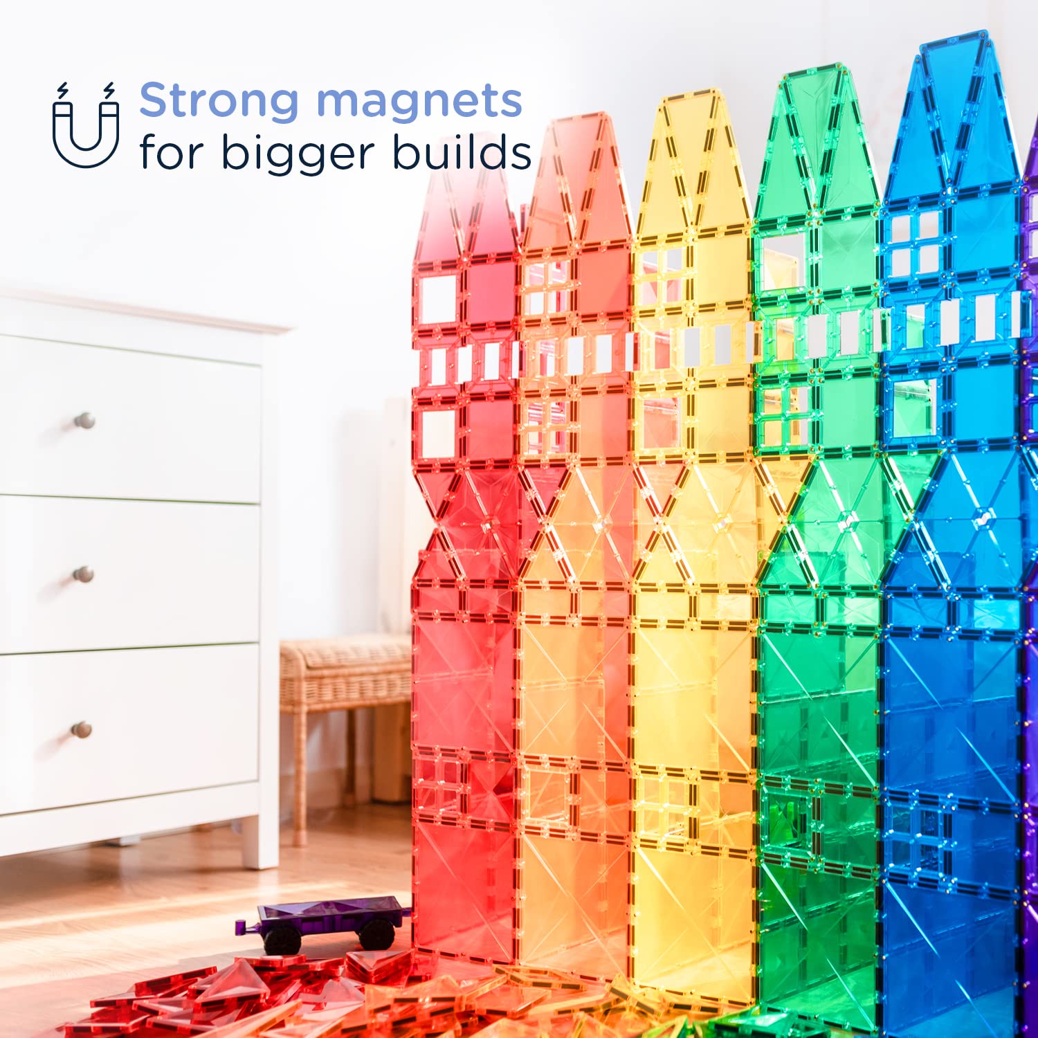 Connetix Tiles 212 Piece Mega Pack, Premium Educational Magnetic Building Set, Features Large Hexagons and Squares, Regular Geometric Tiles, Door and Window Pieces, Fences, 2 Purple Cars, and More