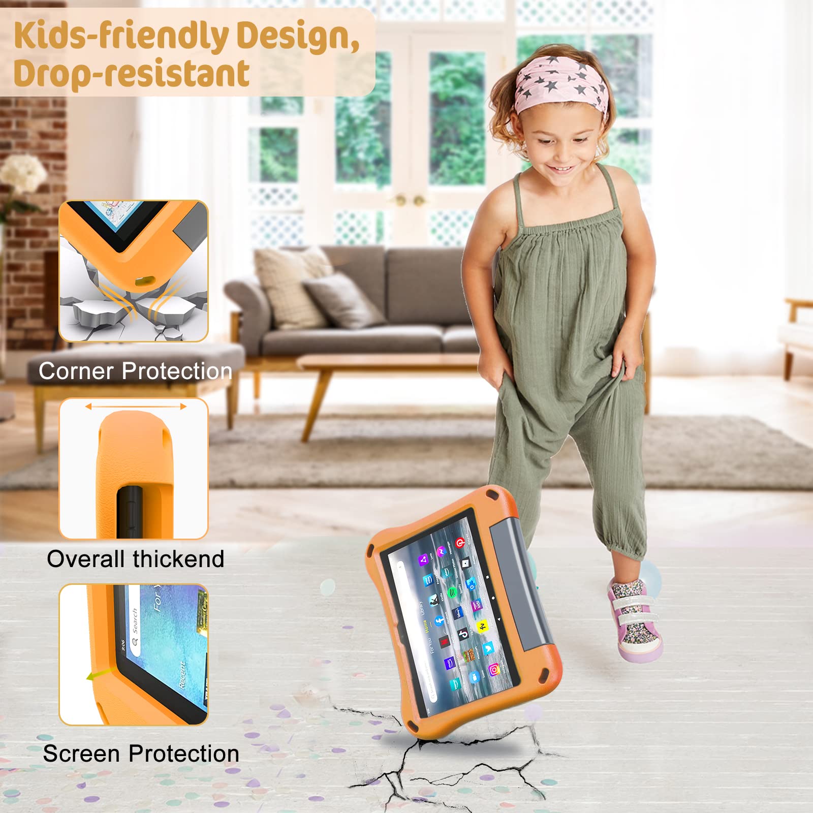 All-New H D 8 Case, Tablet 8 Kids Case (12th Generation, 2022 Release/10th Generation, 2020 Release) - Shockproof Case with Handle Stand HD8 inch Tablet -Orange