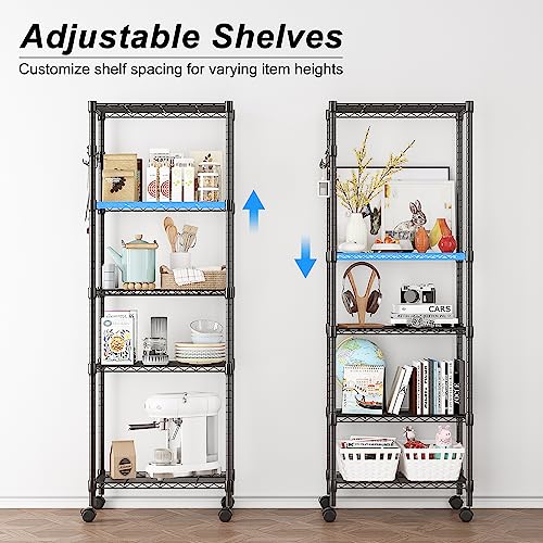 Homdox 5 Tier Wire Shelving Unit on Wheels, Adjustable Storage Racks and Shelving, Heavy Duty Rolling Metal Shelves with Side Hooks for Laundry Bathroom Kitchen Garage Pantry Organization, Black