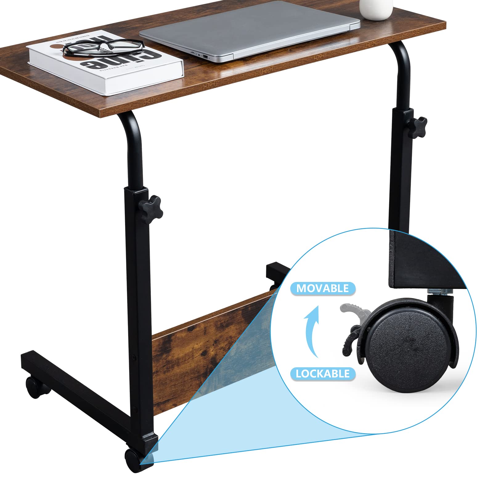 Binrrio Sofa Side Table Desk with Wheels, Tray Table Portable Side Table for Bed, Table Laptop Cart, Height Adjustable Coffee Snack Table for Living Room, Bedroom, The Study, 31.5" L X 16" W, Brown