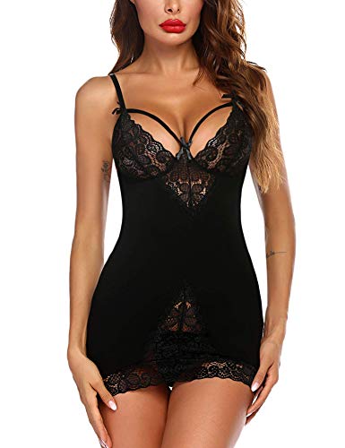 Avidlove Women Chemises Lingerie Lace Babydoll Sleepwear Sexy Full Slips Mini Dress Black X-Large
