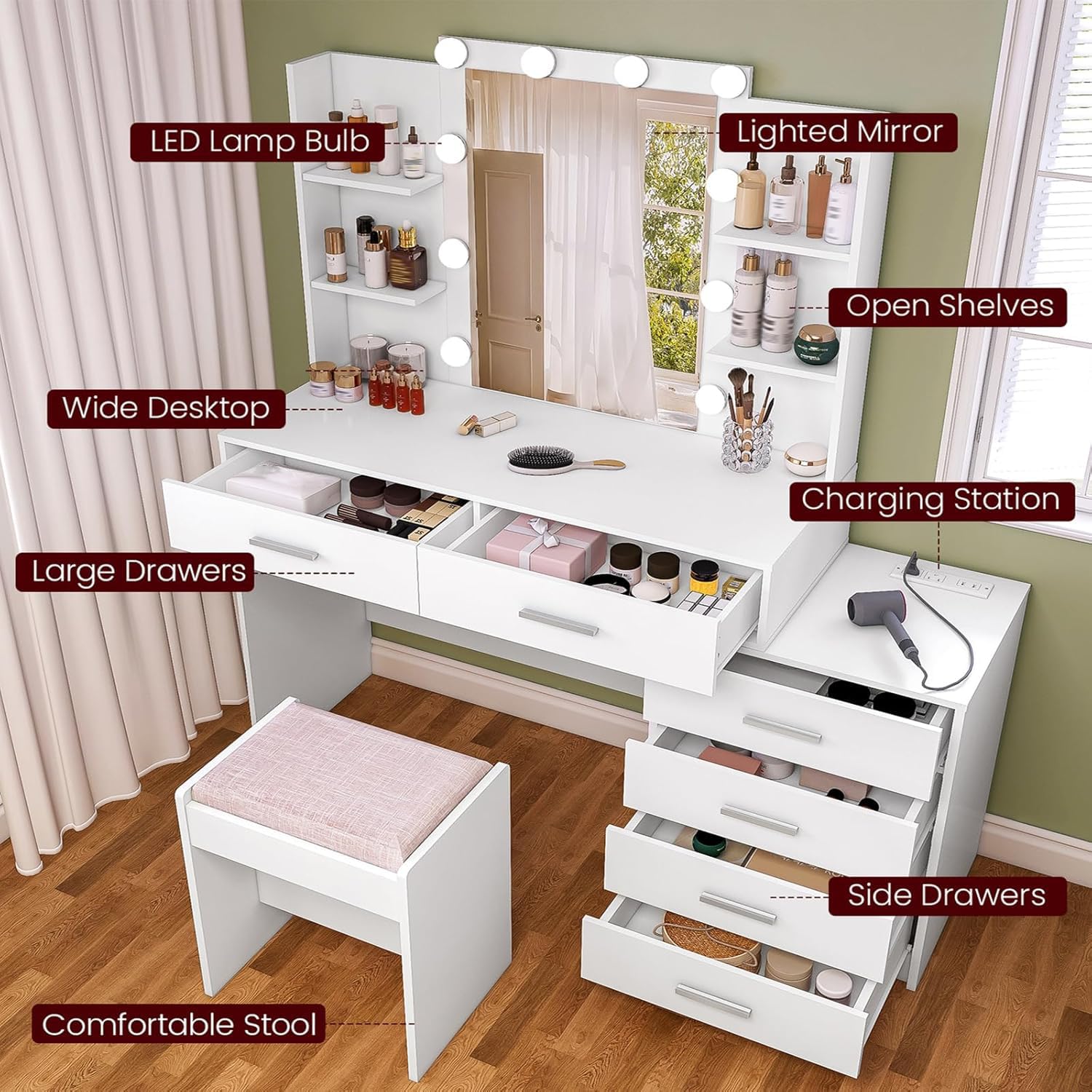 FIONESO Vanity Desk with Mirror & Lights, Makeup Vanity with 6 Drawers, 6 Open Shelves and Power Outlet, 48β Storage Makeup Vanity Desk with Stool Bench for Women, Girls, Bedroom, White