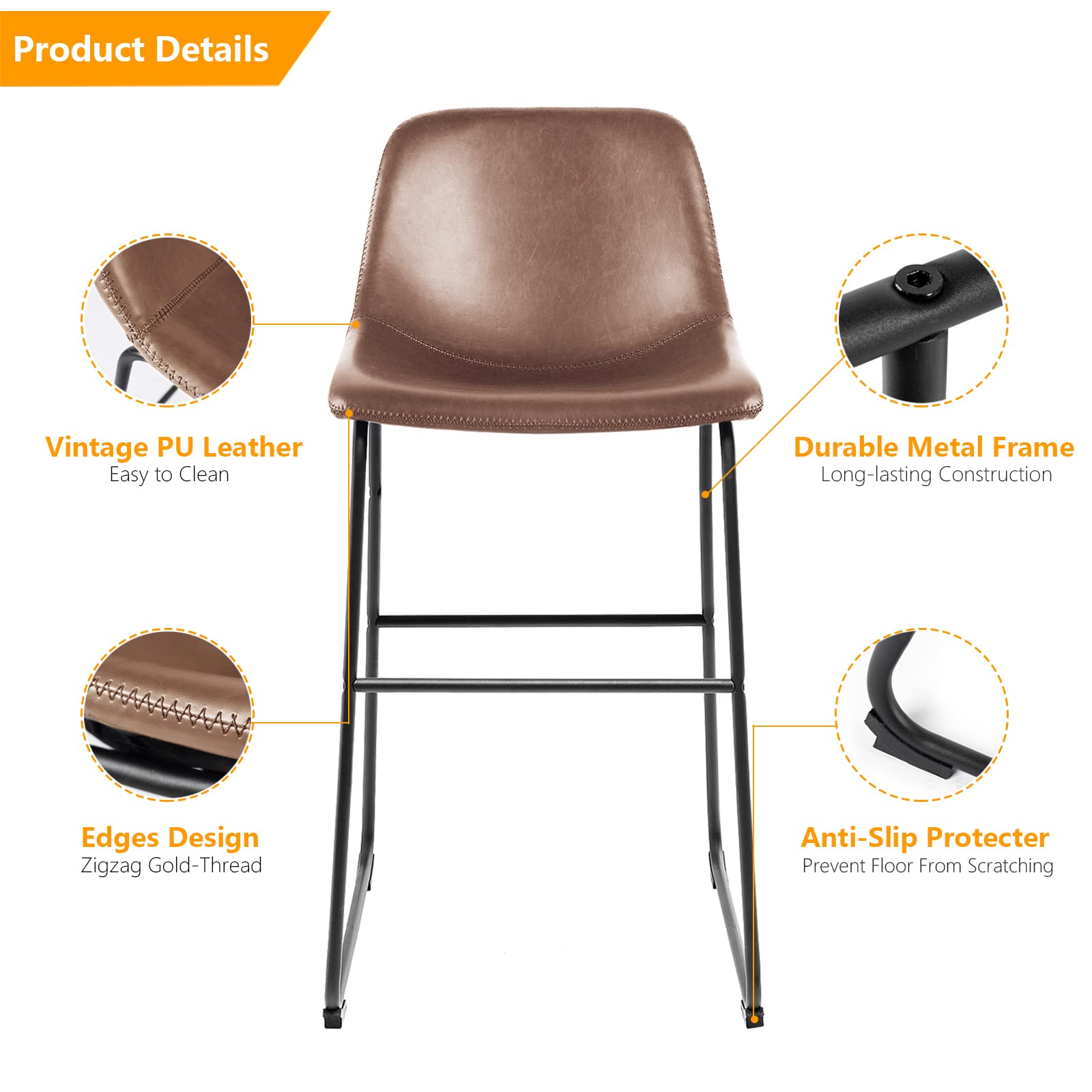 5Rcom PU Leather Bar Stools, Set of 2, Tall Bar stools with Back and Footrest, Modern Upholstered Bar Height Stools with Black Metal Legs, 30-inch Seat Height Chairs for Kitchen Home Office Pub, Brown