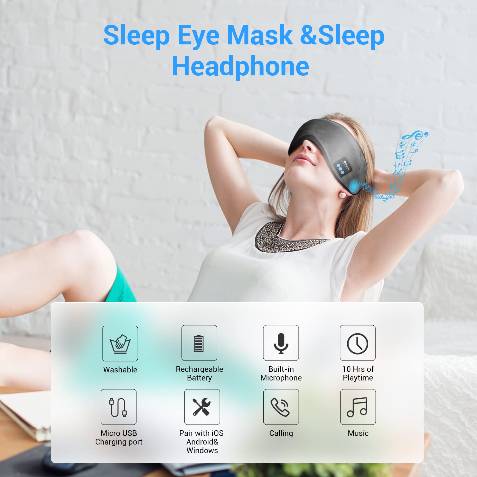 Bluetooth Sleep Eye Mask with Wireless Headphones Washable Sleep Headphones, Eye Cover Perfect for Side Sleeper, Yoga, Meditation, Insomnia, Best Gift and Travel Essentials (Grey)