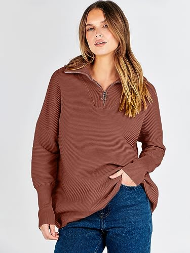 ANRABESS Oversized Sweater for Women Quarter Zip Pullover Casual Long Sleeve Half Zip Collared Lapel V Neck Baggy Slouchy Knitted Tunic Jumper Clothes 2023 Fall 802xiuhong-M Rust