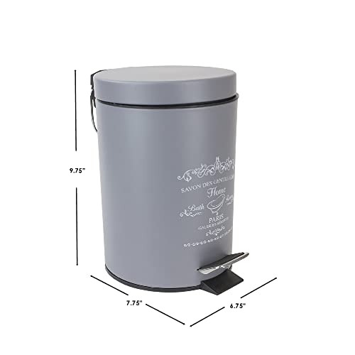 Home Basics Paris Collection Bathroom Accessories, Office, Bedroom, Decorative Waste Basket With Stylish Accent Decor To Complement Any Bathroom, 3 Liter Waste Bin, Grey