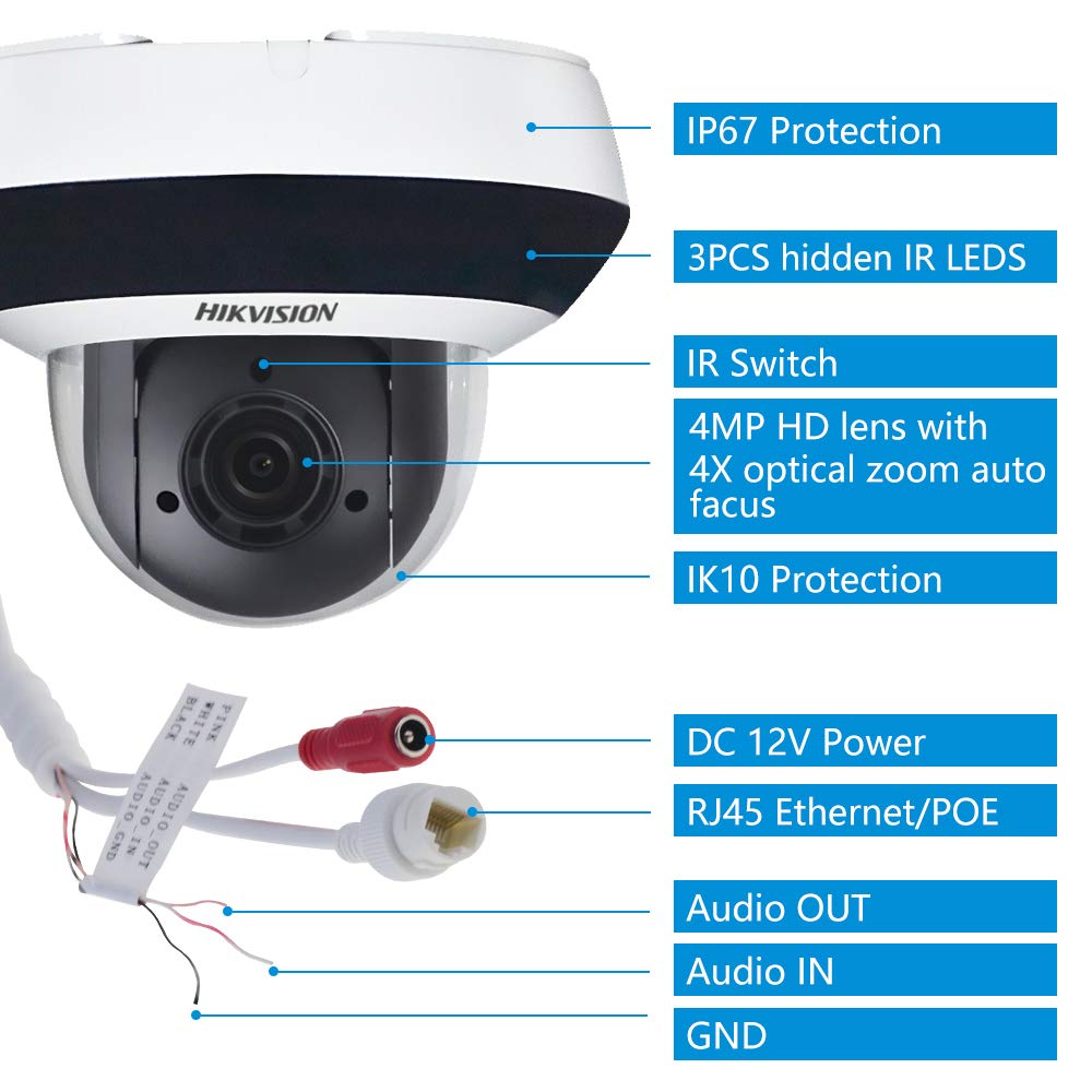 Hikvision 4MP POE Mini PTZ IP Camera DS-2DE2A404IW-DE3,Pan/Tilt/2.8mm~12mm 4X Optical Zoom,Smart IR Night Vision,Audio/Alram Interface, H.265+, Upgrade Version for DS-2DE3304W-DE