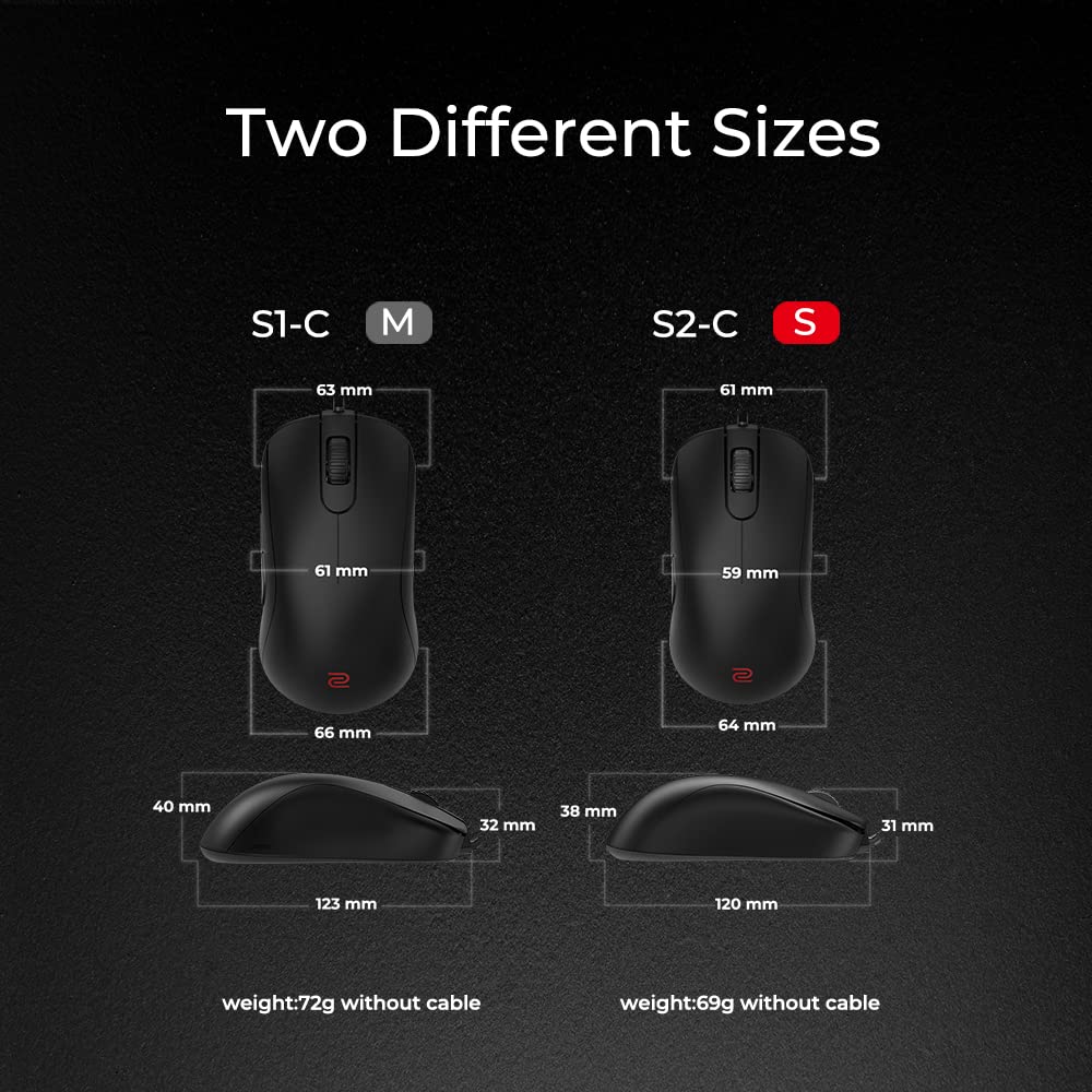 BenQ Zowie S2-C Symmetrical Gaming Mouse | Professional Esports Performance | Driverless | Paracord Cable | Revisioned C-Features | Matte Black | Small Size