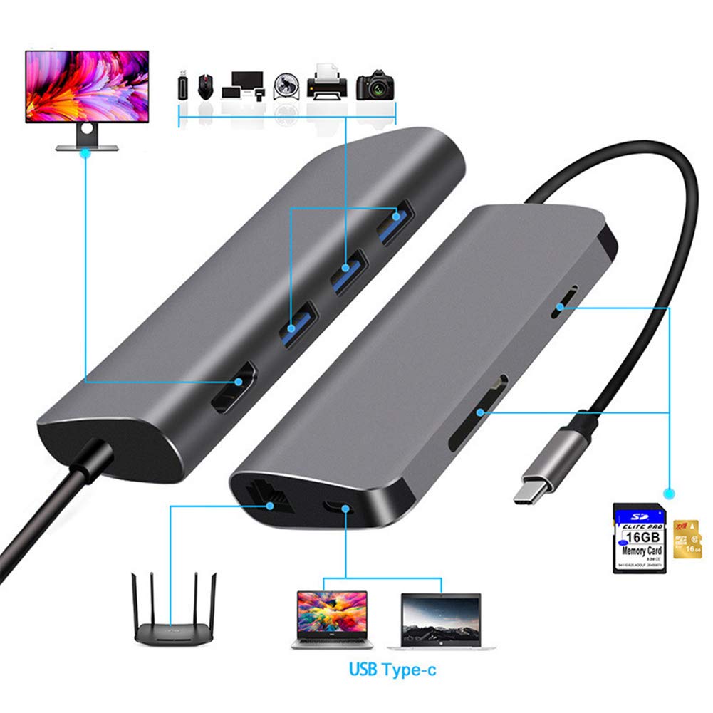 XUNMAIFHB Portable Docking Station,Type-C 8-in-1 Docking Station usb3.0 hub Computer HDMI Converter HDMI 4k, USB 3.0, SD/TF, Type-c, RJ45 Fast Transmission
