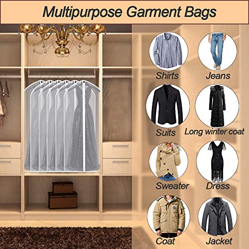 Hanging Garment Bags Cover 24''X48'' Lightweight Clear White Suit Protector Cover (Pack of 6) with Study Full Zipper for Suit Clothes Storage Closet (24''X48'', White)