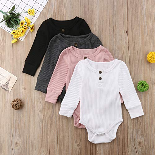 Seyurigaoka Newborn Unisex Baby Solid Bodysuit Basic Plain Rib Stitch Long Sleeve Romper Clothes for Infant Boy Girl (White, 6-12 Months)