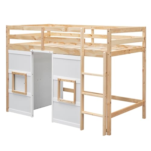 BOVZA Twin Size Loft Bed with Built-in Storage Wardrobe and 2 Windows, Wood Playhouse Loft Bed Frame with High Guard Rails for Kids Boys Girls Teens, Natural+White