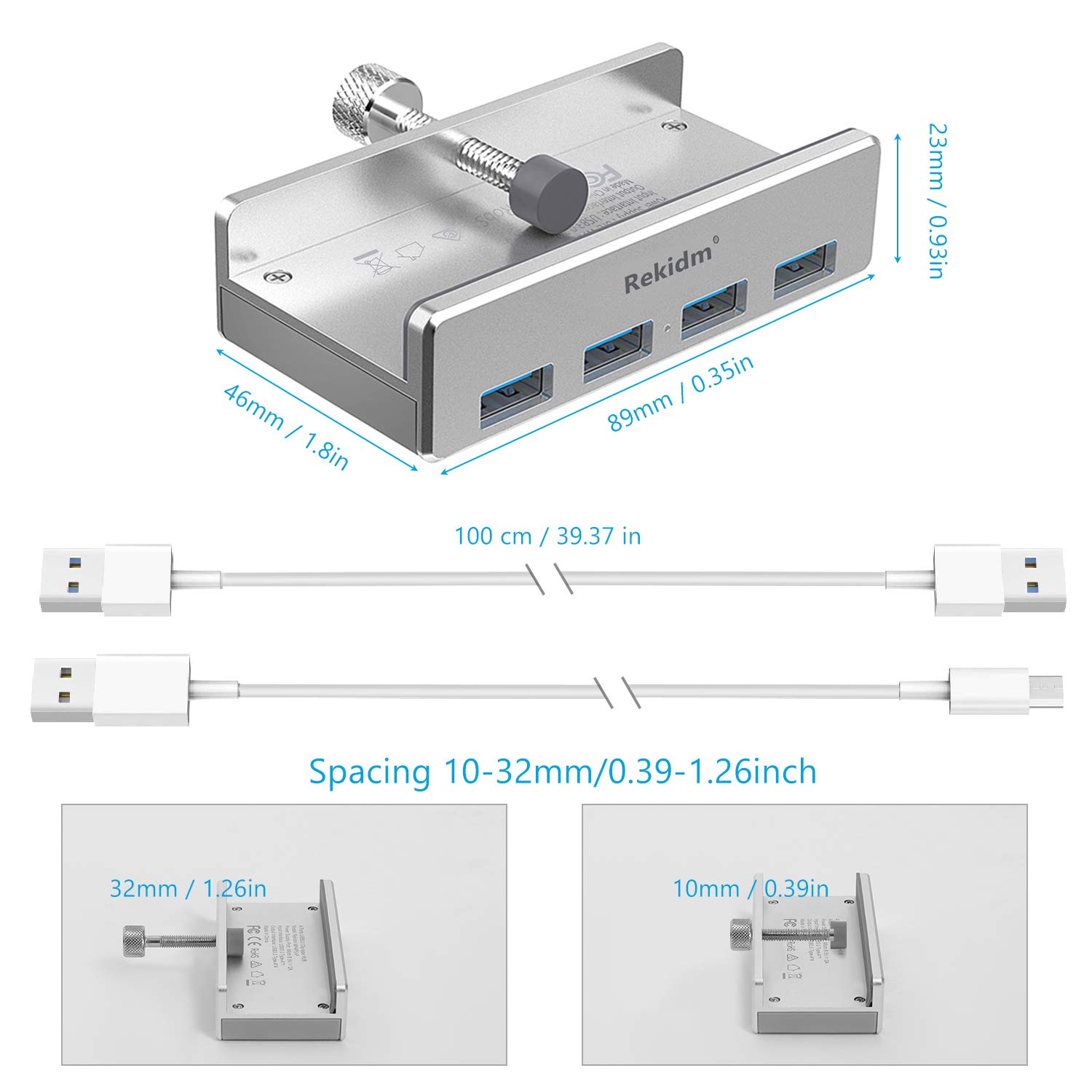 Powered USB Hub 3.0 – Rekidm USB Hub with Extra Power Supply Port, Aluminum Clamp for Desktop, Computer, PC, Table Edge with Durable Adjustable Clip, Compact Space-Saving Mountable USB Hub (Silver)