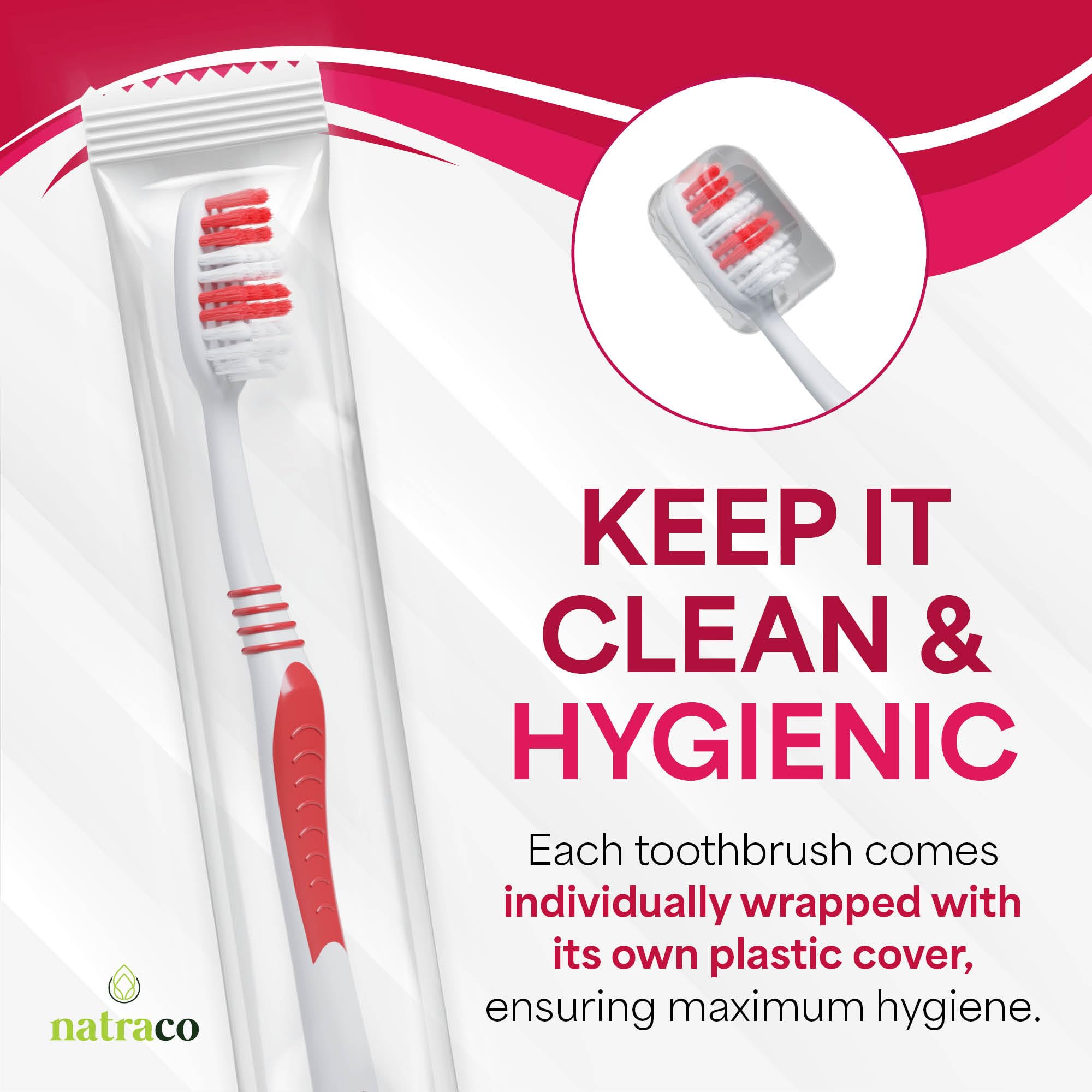 natraco Bulk Toothbrush Pack with Covers | Premium Quality Individually Wrapped Colorful Tooth Brushes | Medium Soft Bristles for Travel, Donations, Hotels (100)