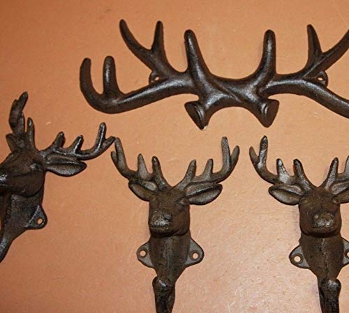 Southern Metal Wall Mounted Deer Head Antler Coat Hat Rack Wall Hooks, Solid Cast Iron Bundle of 5