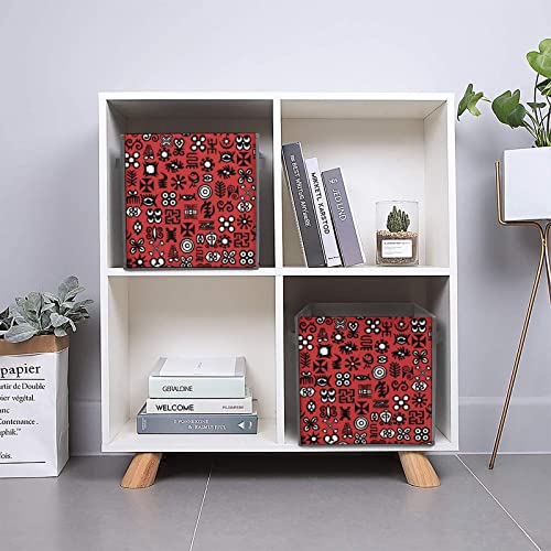African Adinkra Pattern Storage Bin Foldable Cube Closet Organizer Square Baskets Box with Dual Handles