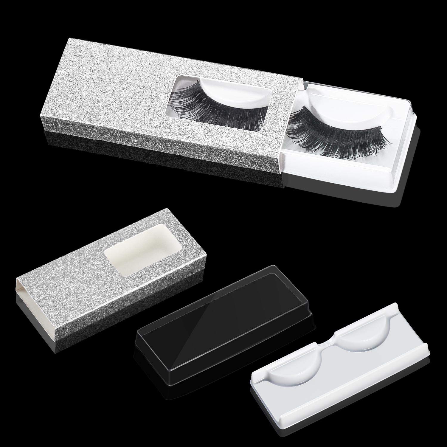 50 Pieces False Eyelash Packaging Box Empty Eyelash Case Glitter Paper Eyelash Storage Box False Lashes Holder Box with Lash Tray for Women Girls Makeup False Eyelashes Care 22mm (Silver)