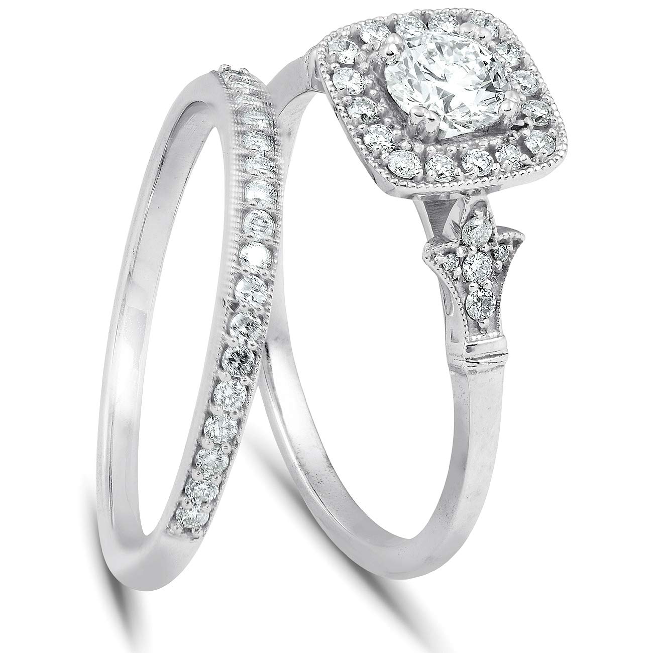 3/4 CT Diamond Cushion Halo Engagement Ring Matching Wedding Band 14k White Gold - Size 6