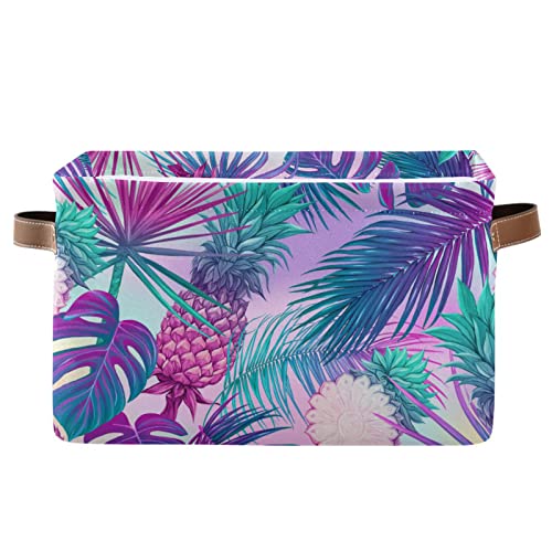 ALAZA Tropical Purple Pineapples and Palm Leaves Storage Basket for Shelves for Organizing Closet Shelf Nursery Toy, Fabric Collapsible Storage Organizer Bins Decorative Baskets with Handles Cubes