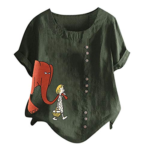 Women's Plus Size T-Shirt O-Neck Printed Short Sleeve Button Tunic Shirt Blouse Graphic Tee Tops Green