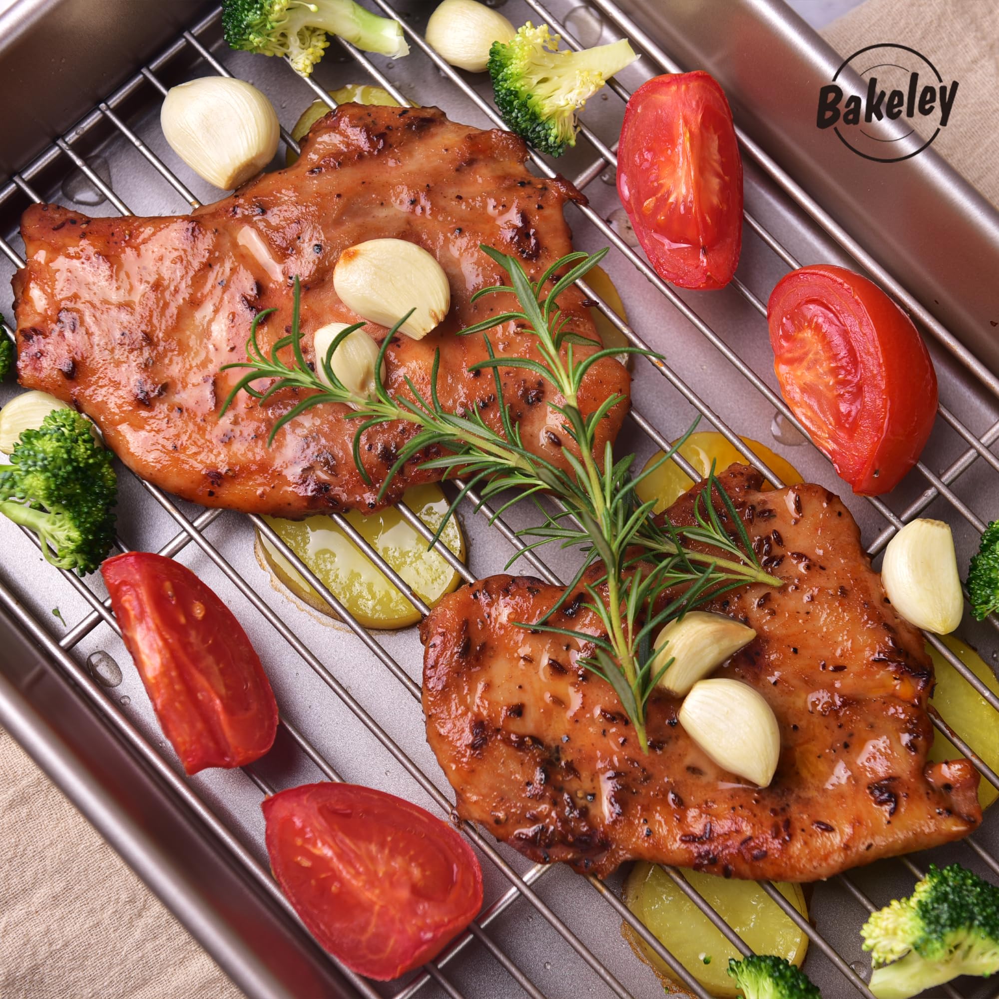 Bakeley Roasting Pan with Rack, Non-Stick Rectangular Deep Dish Oven-BBQ Bakeware for Oven Baking 13.78" x 9.84" x 2.36" (Champagne Gold)
