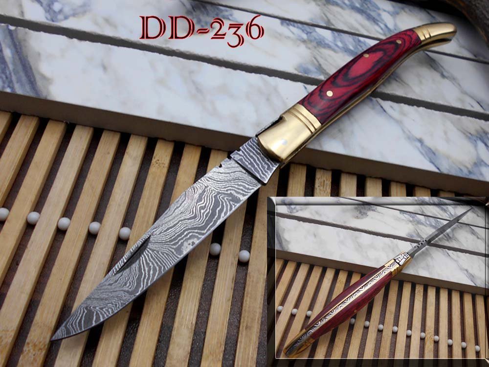 5 Pieces Laguiole Folding Damascus Steel Knife, Red, Blue, White, Black & Brown 5 Scale Colors with Brass Bolster. Cow Hide Leather Sheath Included