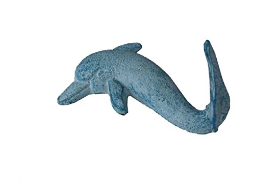 Hampton Nautical Decorative Cast Iron Dolphin Hook, 7", Light Blue Whitewashed