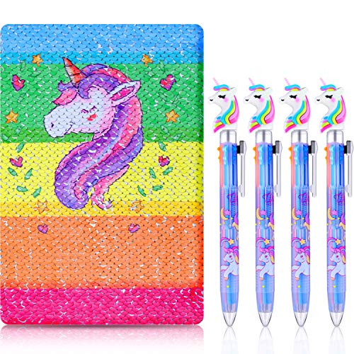 Leinuosen Unicorn Notebook Set, 4 Pieces Unicorn Multicolor Pens with Reversible Sequin Unicorn Pattern Notebook for Party Gifts and School Supplies (Rainbow)