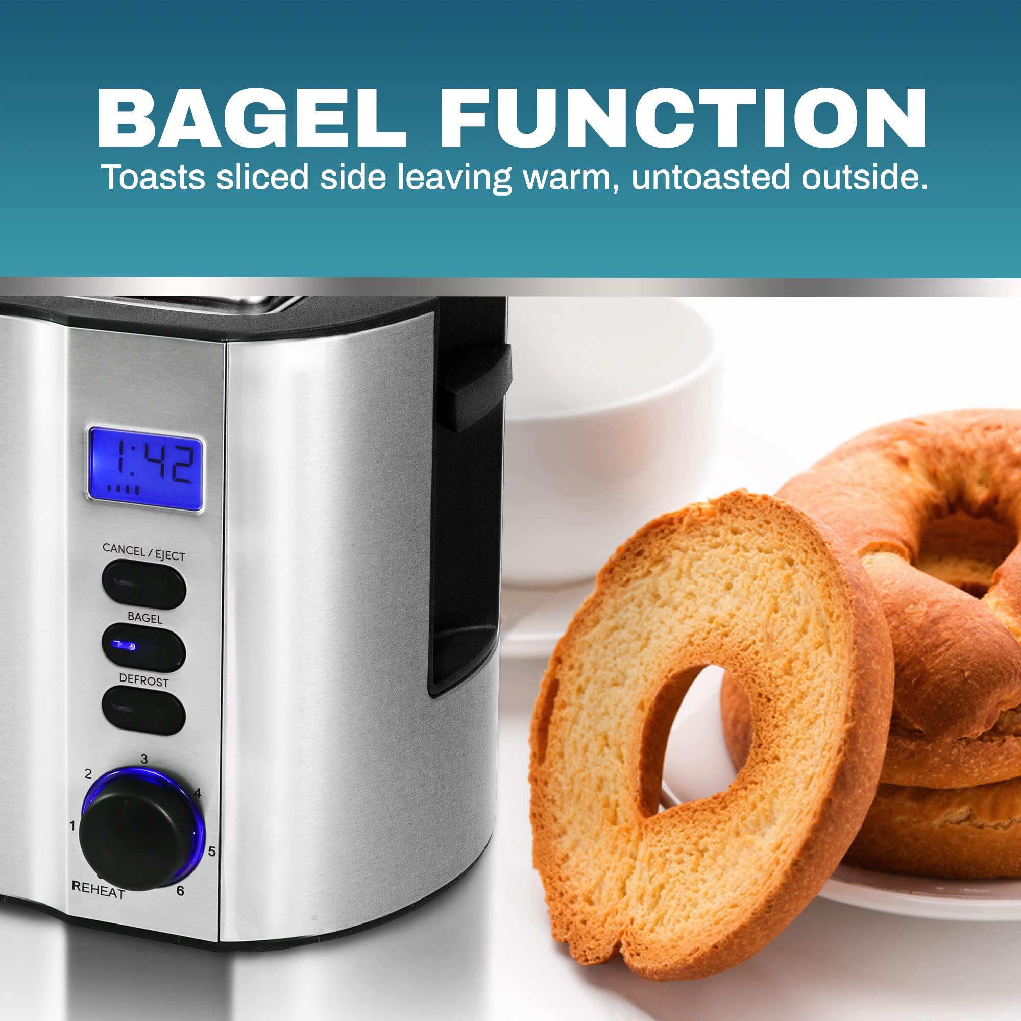 Elite Gourmet ECT2428 Extra Wide 1.25β Slot 2-Slice Toaster, Cancel, Defrost and Bagel Functions, 6 Toast Settings, Slide-Out Crumb Tray, Stainless Steel