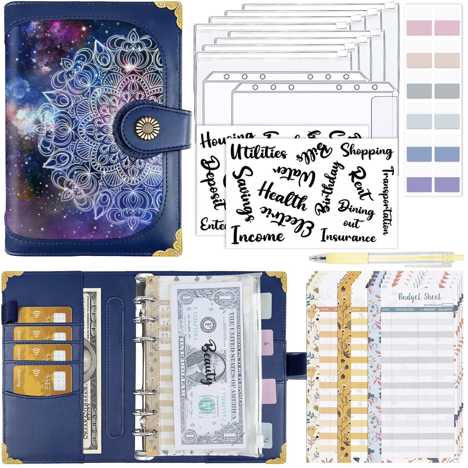 38 pcs Budget Binder - A6 Budget Binder with Cash Zipper Envelopes for Money Budgeting Organizer, Saving Money Organizer, Cash Stuffing Envelopes Binder